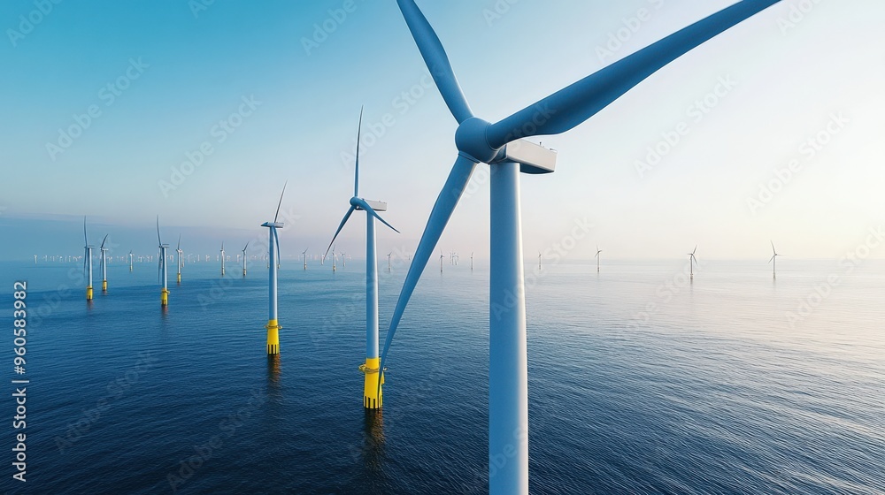 Tall offshore wind turbines rise above tranquil waters, catching the ...