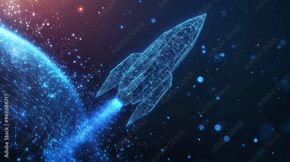 Digital rocket flies in orbit of planet Earth. Abstract light blue ...