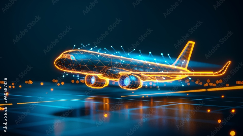 Digital plane in low poly wireframe design, future logistics ...