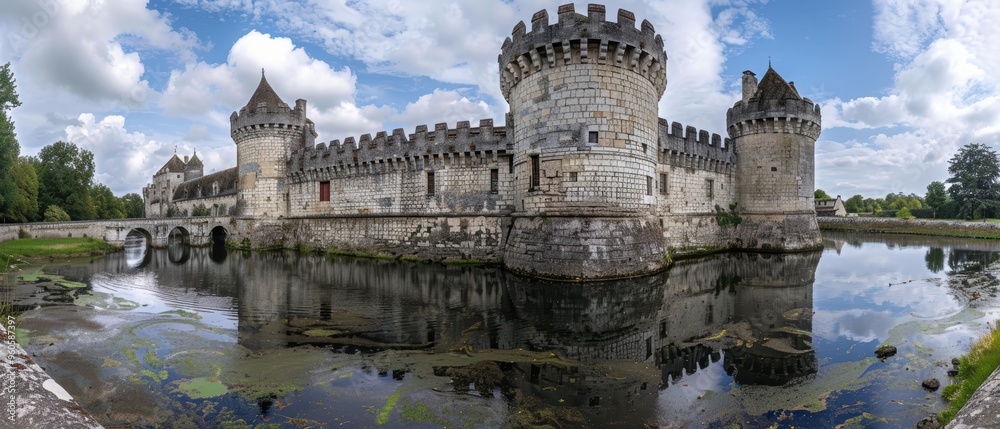 Majestic Historic Castle with Moat and Drawbridge Symbolizing Medieval ...