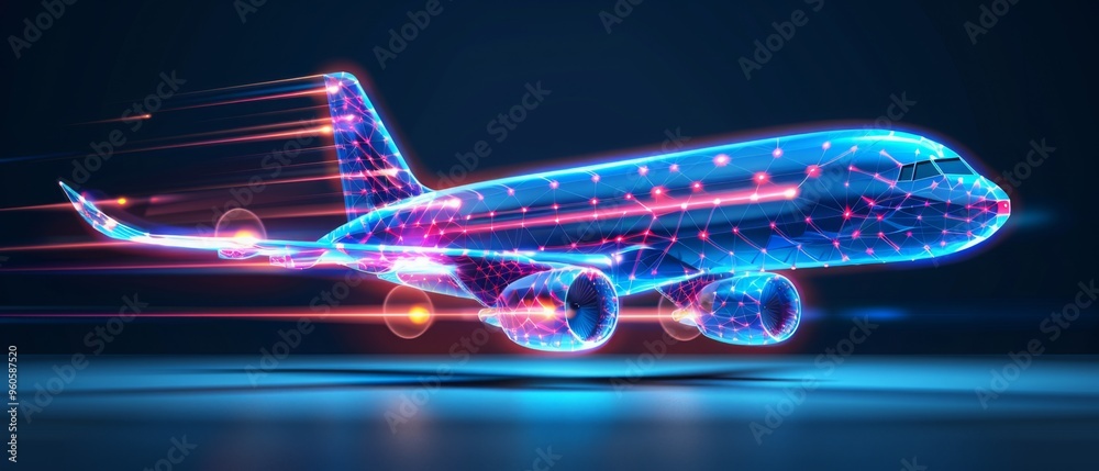 Digital plane in low poly wireframe design, future logistics ...