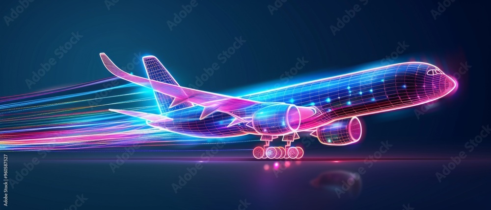 Digital plane in low poly wireframe design, future logistics ...