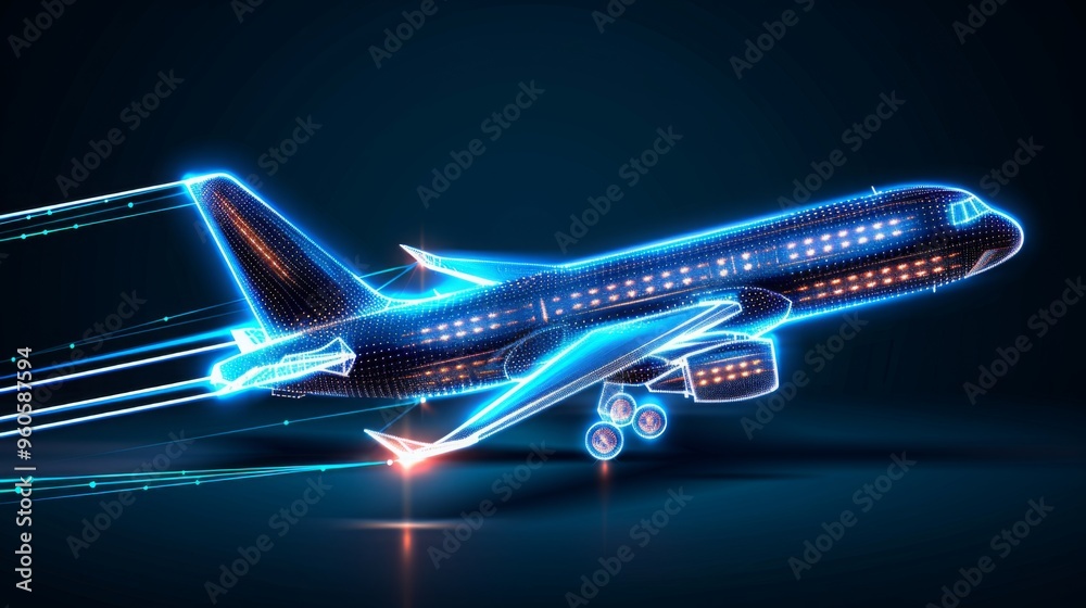 Digital plane in low poly wireframe design, future logistics ...