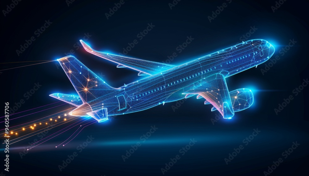 Digital plane in low poly wireframe design, future logistics ...