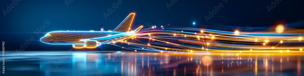 Digital plane in low poly wireframe design, future logistics ...