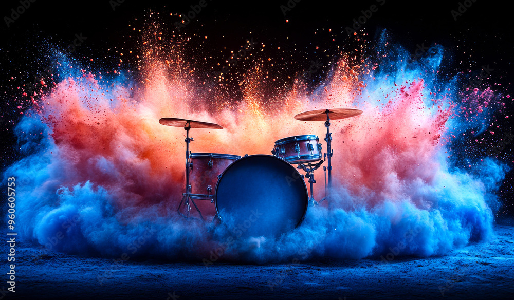 A drum set is surrounded by a cloud of colorful smoke. The drum set is ...