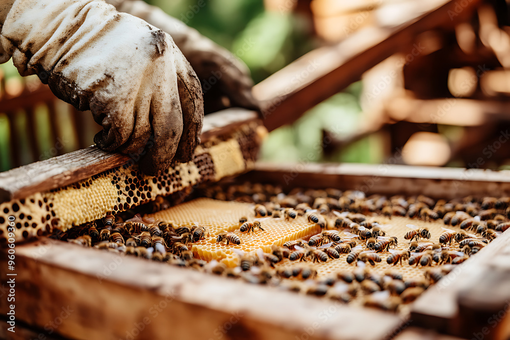 Beekeeping activity with a focus on bees, hives, and honey production ...