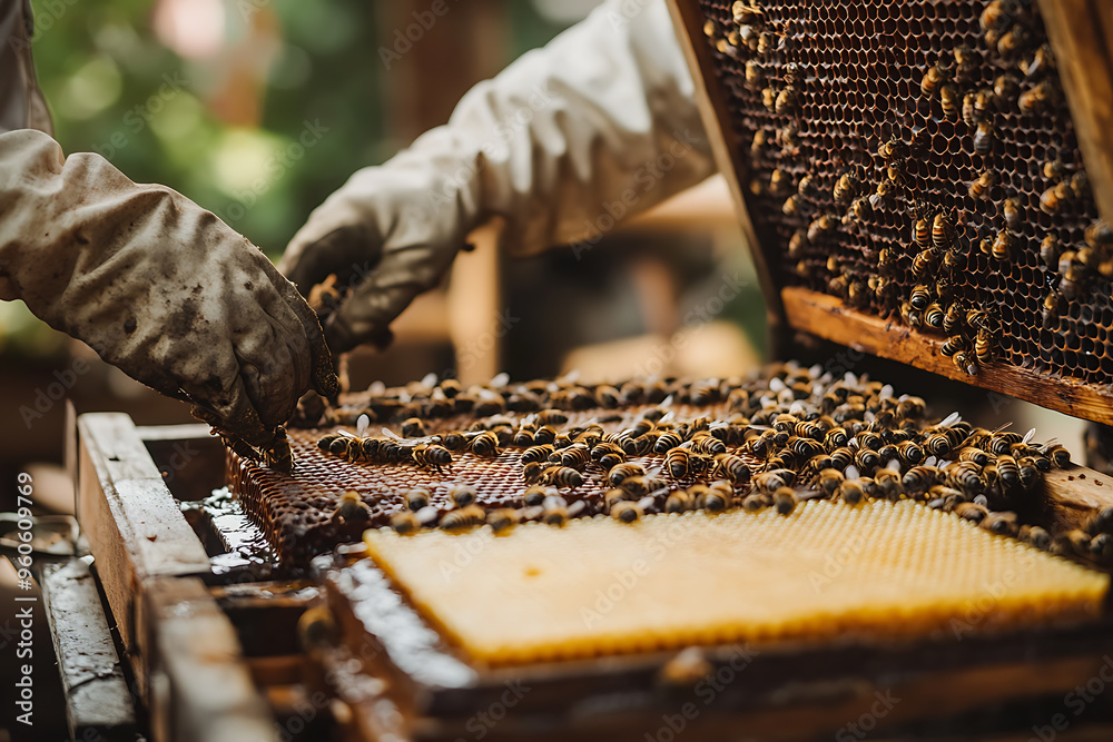 Beekeeping activity with a focus on bees, hives, and honey production ...