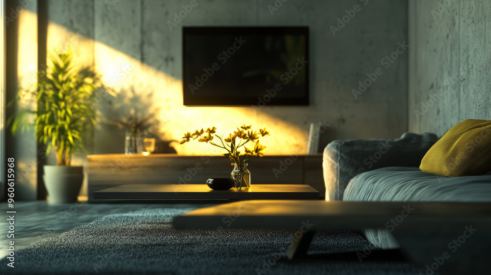 A modern living room with a comfortable sofa and a table, designed ...