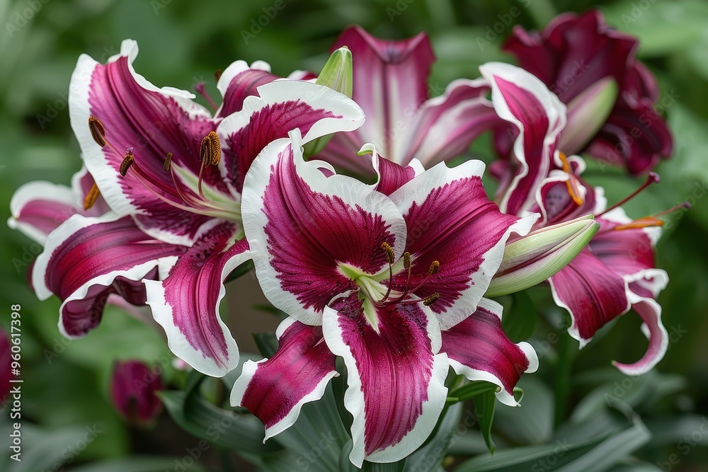 Lily Flashpoint is a hybrid lily with burgundy flowers edged in white a ...