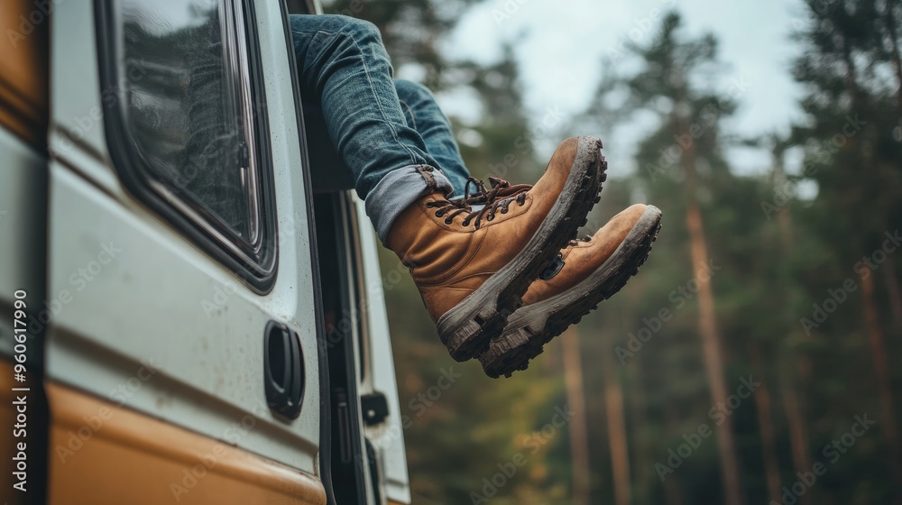 prosthetic limbs Young man hanging out of the window of a camper van ...