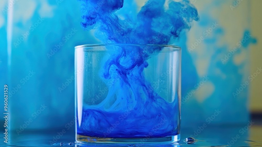 A vibrant blue chemical dye is poured into a clear glass, creating a ...