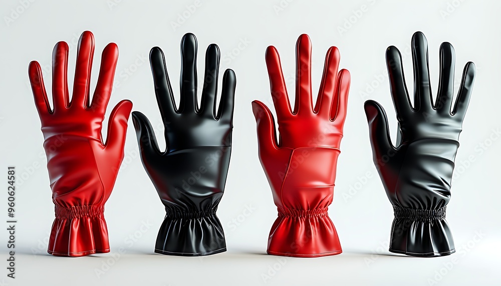 Three different colors of gloves are on a white background, with red ...