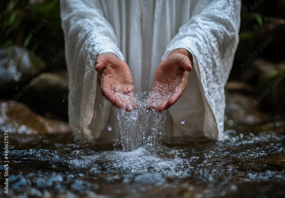 Jesus, hands in water, pouring out the stream of pure living waters to ...