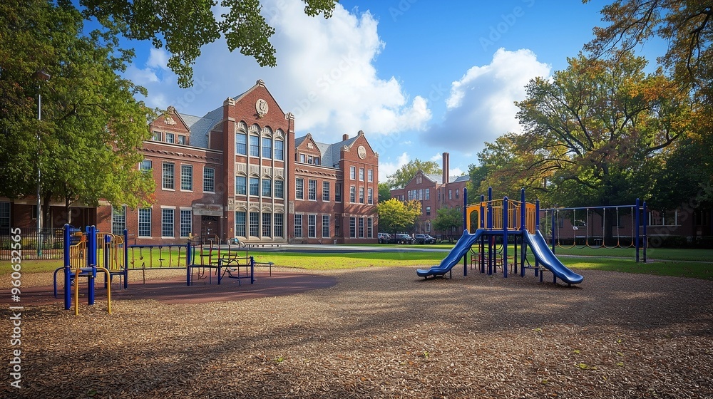 Middle school playground alongside a traditional public school building ...