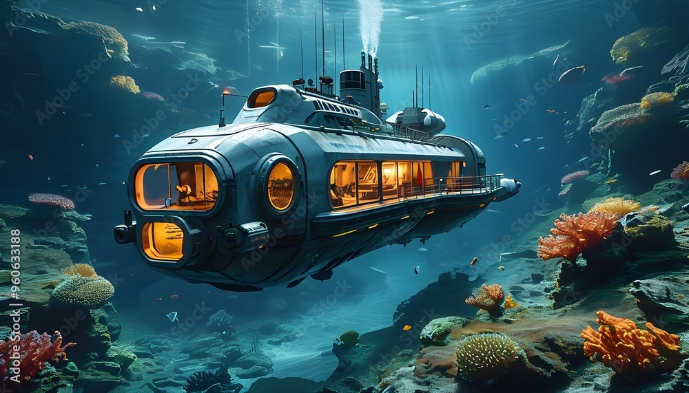 Futuristic submarine exploring vibrant coral reefs while scuba divers ...