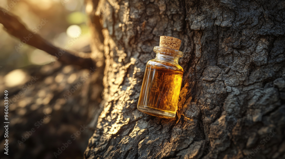 A small bottle of fragrant agarwood oil sits against the rough bark of ...