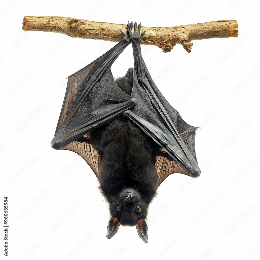 Black bat hanging upside down on a tree branch on an isolated white ...