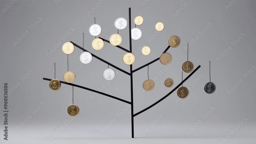 Modern Minimalist Tree with Coin Leaves and Dollar Signs, Thin Black ...