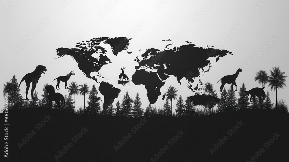 Extinction clipart with a global map and extinct animal silhouettes on ...