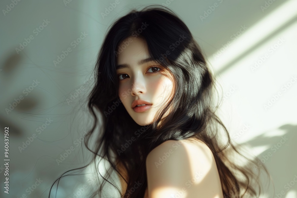 A serene close-up of a young Asian woman with long, flowing black hair ...