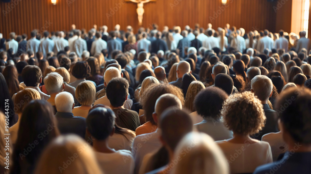 Religious people in a Christian church worshipping God Jesus Christ ...