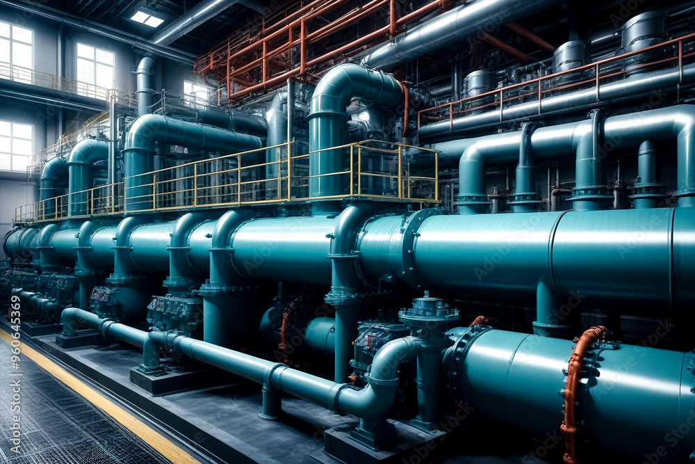 Urban modern powerful pipelines. Industry pumps in an engine room ...