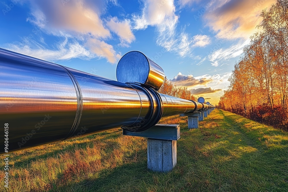 Large metal pipeline stretches across field. This photo depicts the ...