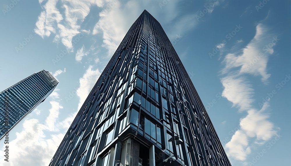 The towering Harbin Harbor View Tower has several white clouds floating ...