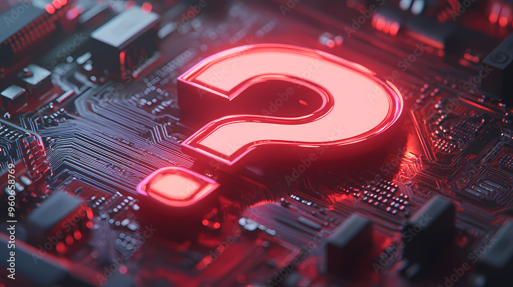 Glowing question mark on a circuit board showing tech innovation Stock ...