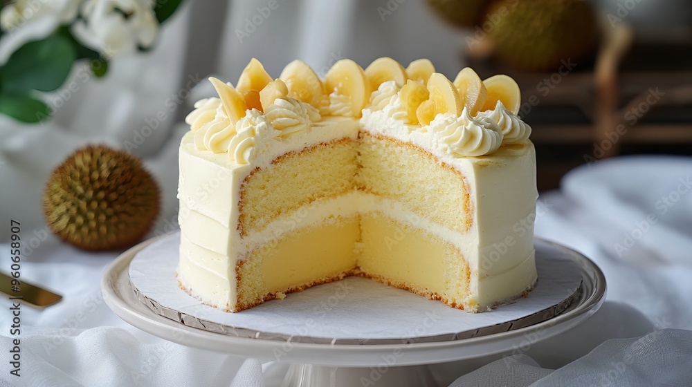 Durian cake, durian mousse cake, durian chiffon cake Stock Illustration ...