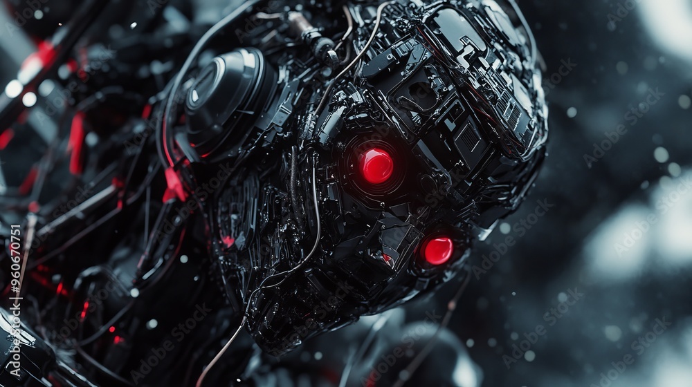 Close up side view of white black metal mechanical cyborg robot AI ...