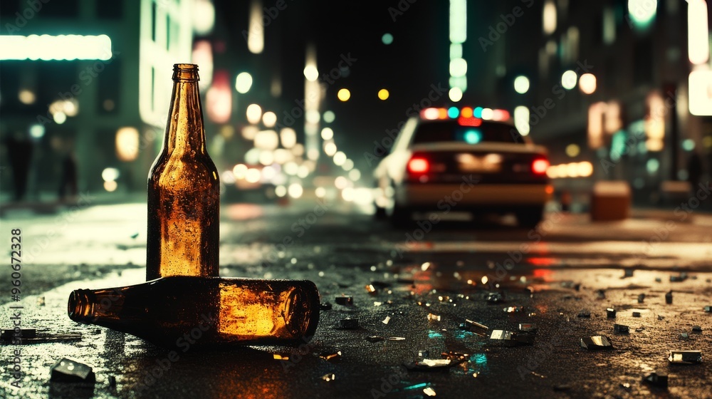 A drunken man on the street with glass bottles of alcohol drinks, a ...