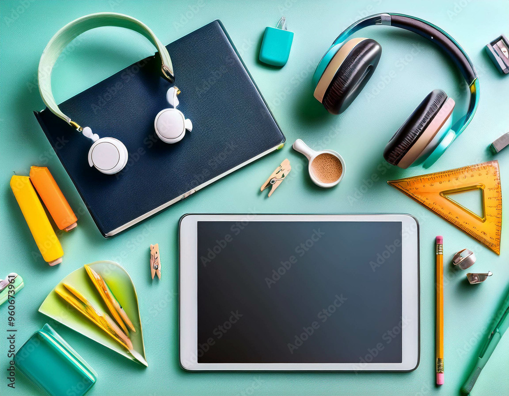 A top-down view of a virtual learning setup, with a tablet, headphones ...
