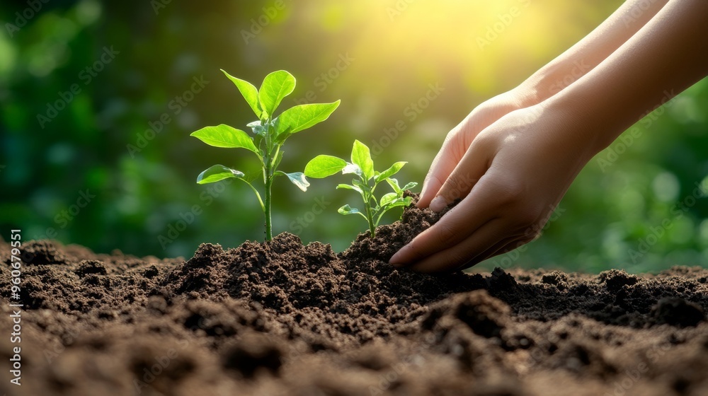 Planting a small green tree in forest nature soil illustrates diversity ...