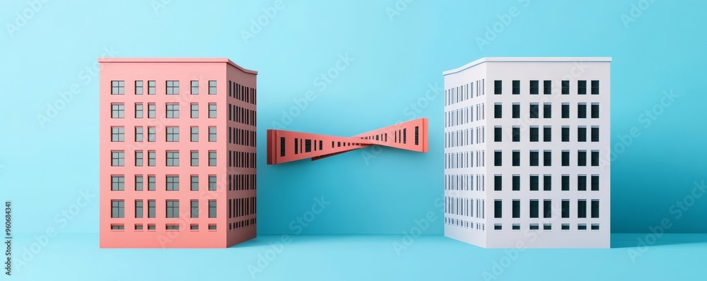 Company merger, two buildings merging into one, corporate setting, 3D ...