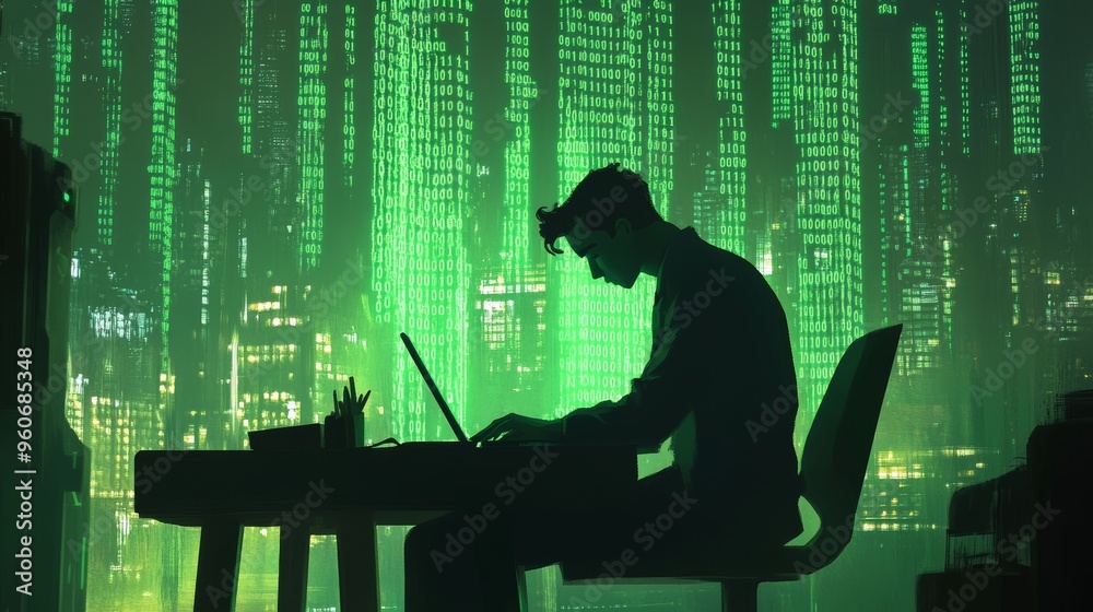 Silhouette shadow of a programmer working on laptop at night in his ...