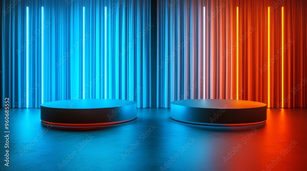 Stage for debate or speech with microphones under a spotlight. Business ...