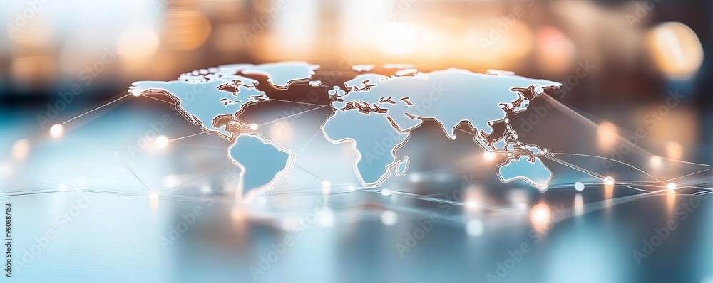 Global business strategy, world map with connected nodes, 3D ...