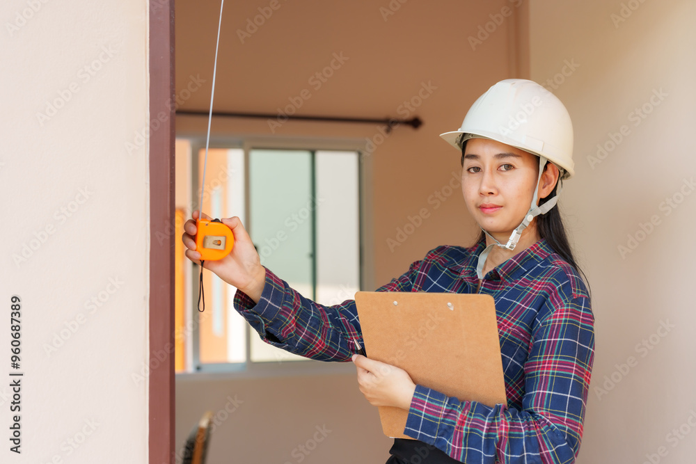 Asian female building inspector measuring doorway during house ...