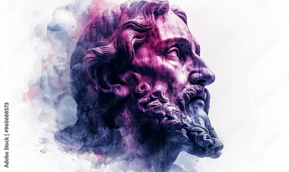 An ethereal portrayal of a classical sculpture emanating vibrant hues ...