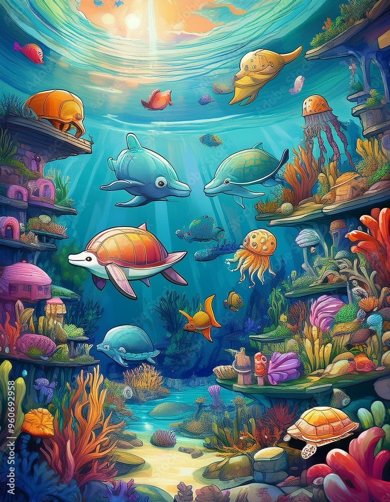 Underwater World- Illustration featuring a diverse group of sea ...