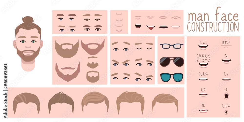 Man face constructor, avatar of male character creation hairstyle, nose ...