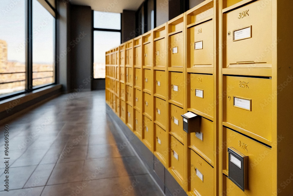 Yellow steel Mailboxes in an apartment residential building inside ...