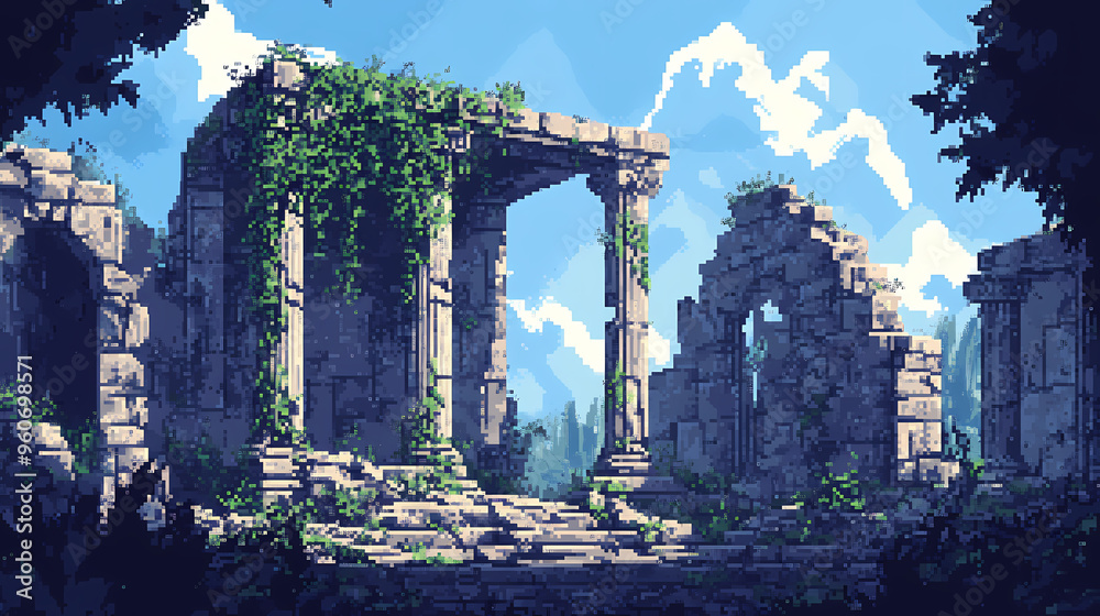 A pixel art ancient ruin with broken pillars, crumbling walls, and ...