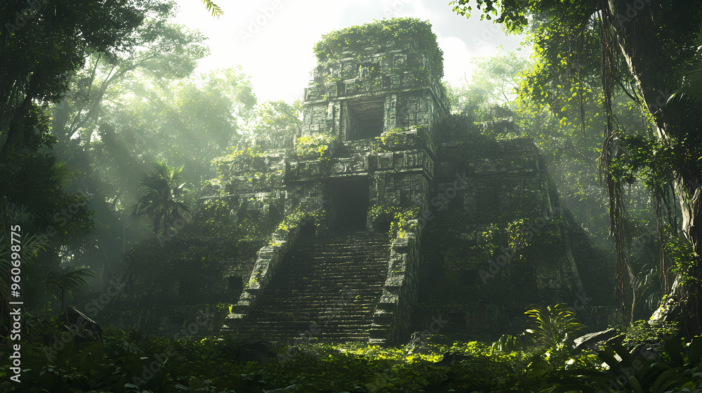 Ancient and overgrown mayan temple ruins in the jungle, lost place in ...
