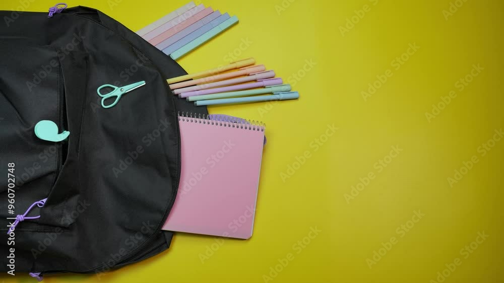 School bag and school supplies moving out of it on yellow background ...