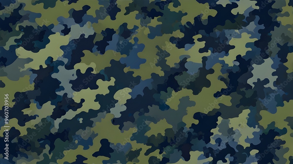 Blue camouflage illustration with military patterns in blue and green ...