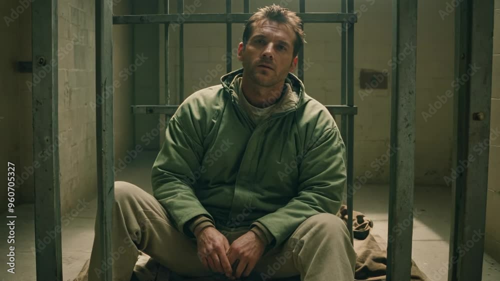 Cinematic footage of man with face covered, dressed in straitjacket ...