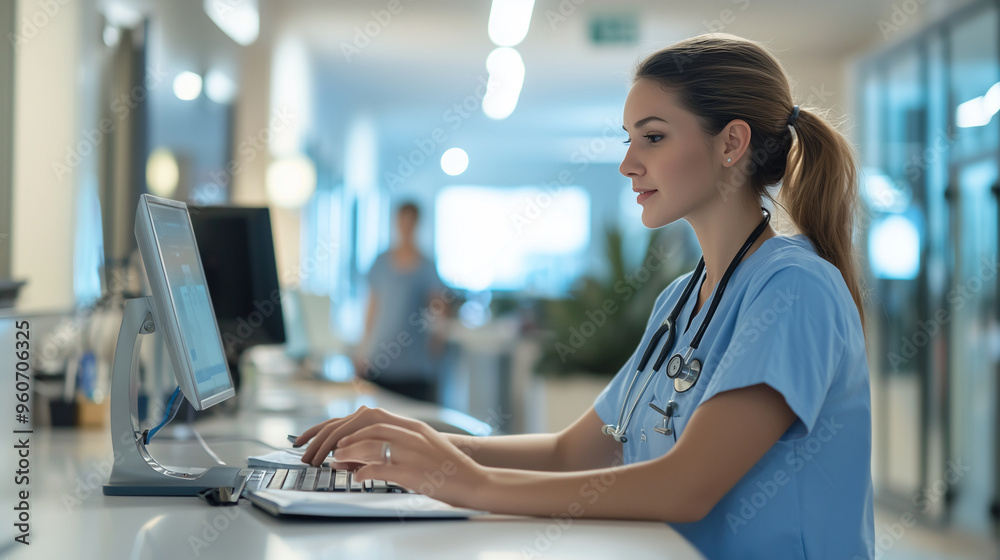 focused image of a young nurse managing a phone call and working on a ...